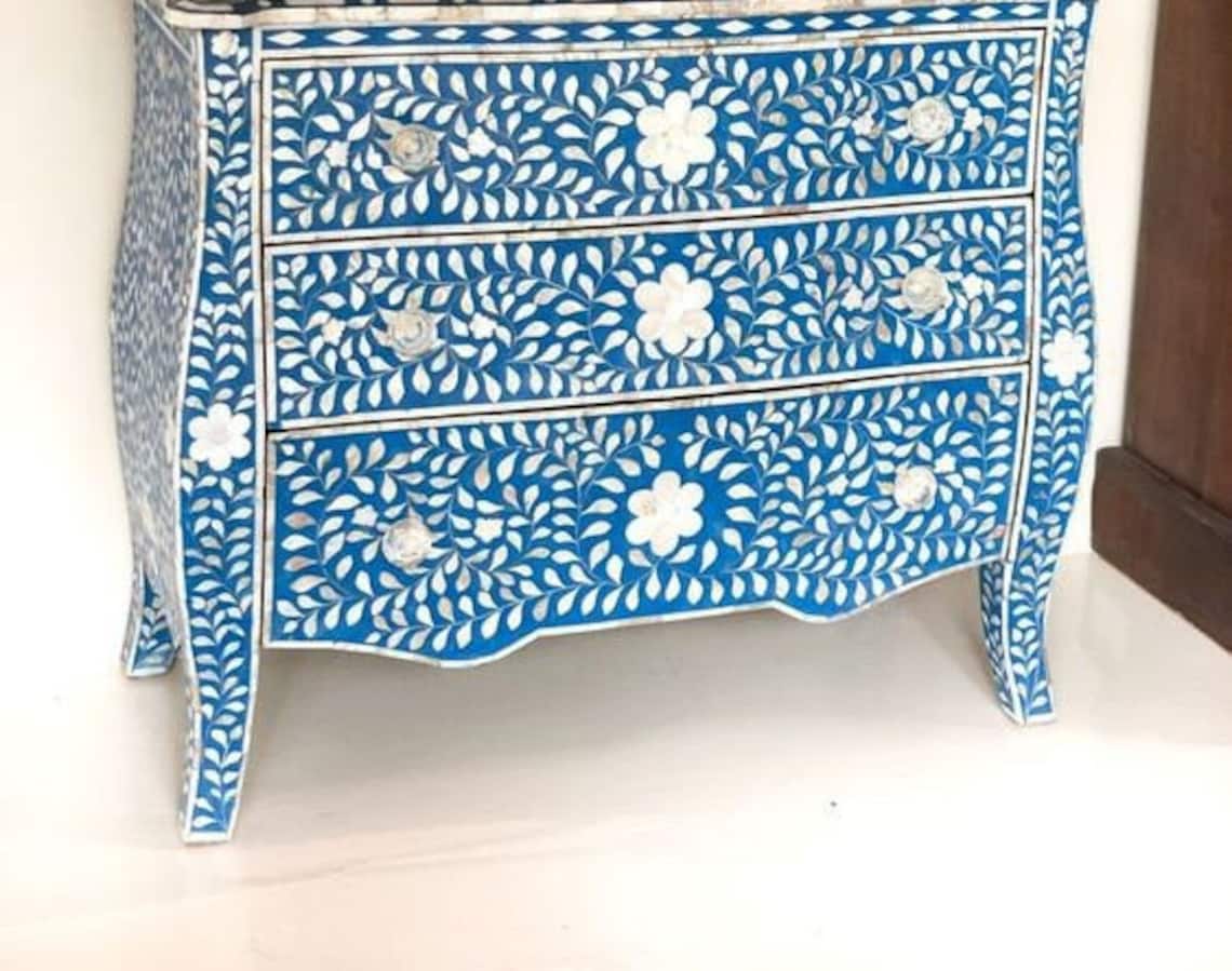 Mother of Pearl Inlay Chest of Drawer, MOP Inlay Dresser Blue, MOP ...