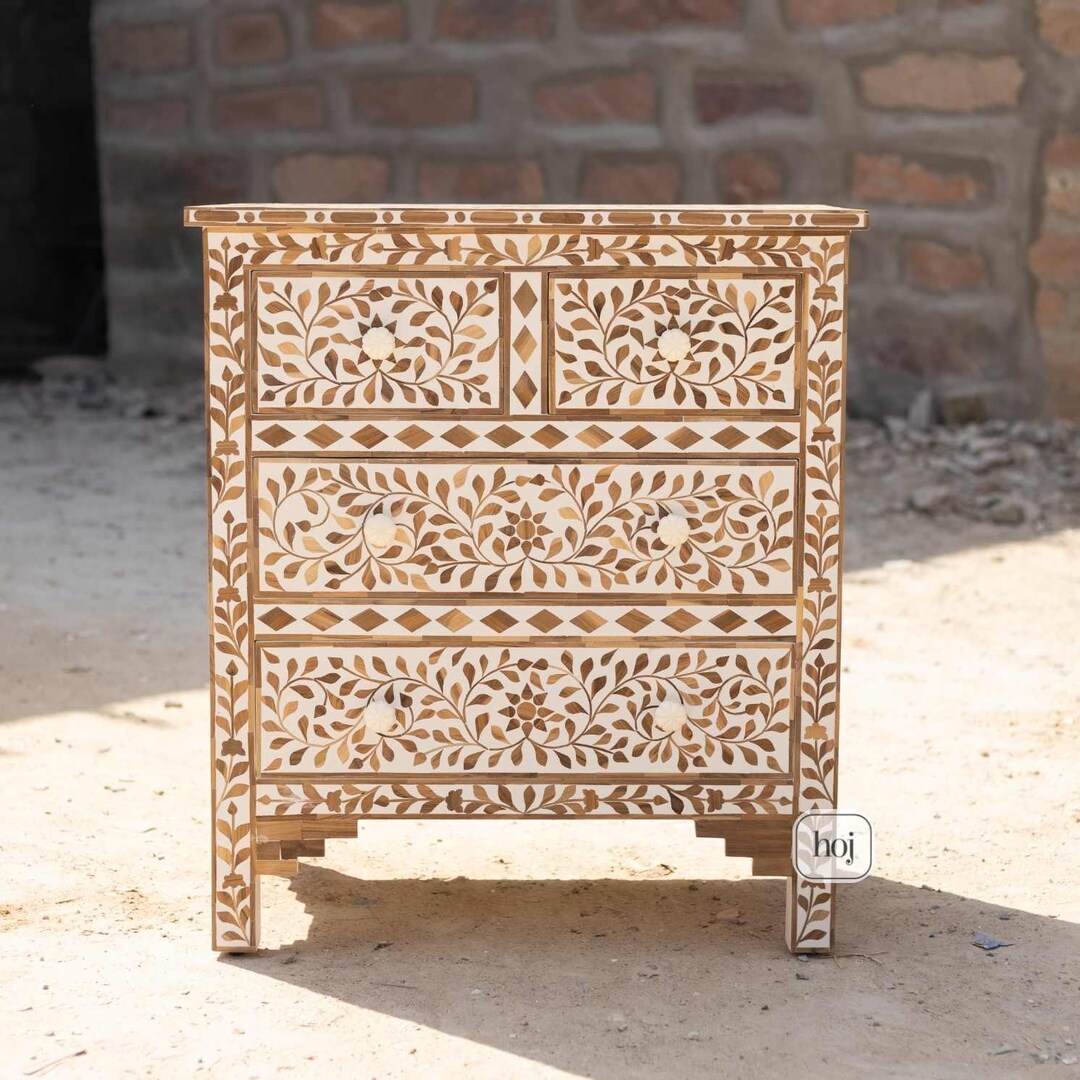Teak Wood Inlay Dresser, Handcrafted Solid Teak Wood Inlay Chest of ...