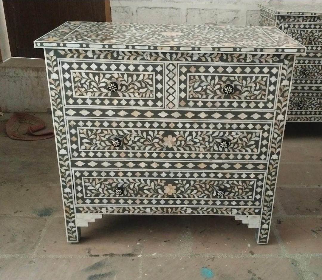 Gray Mother of Pearl Inlay Chest of Drawer, MOP Inlay Four Drawer ...