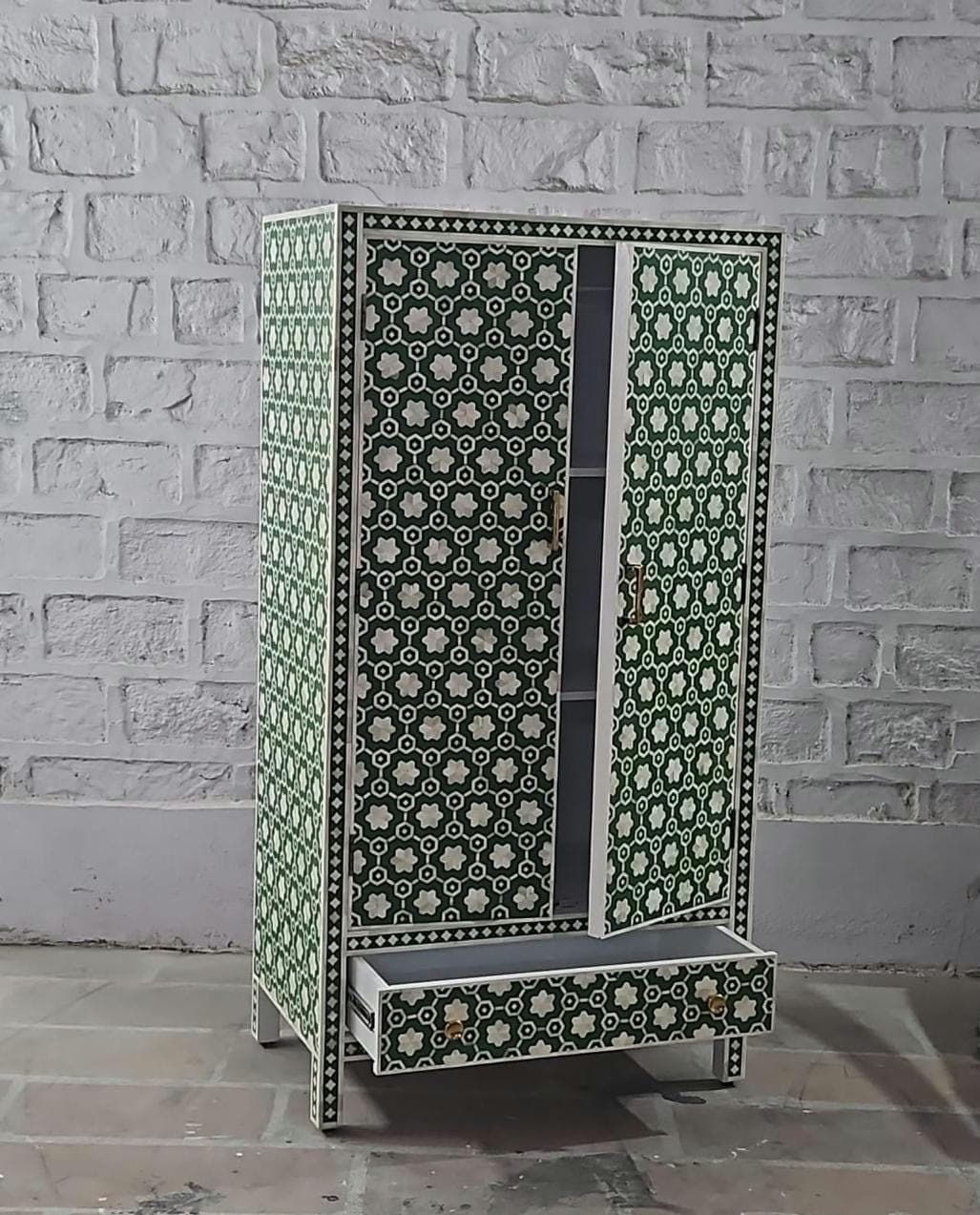 Bone Inlay Bohemian Floral Green Armoire, Bone Inlay Cupboard, Bone ...