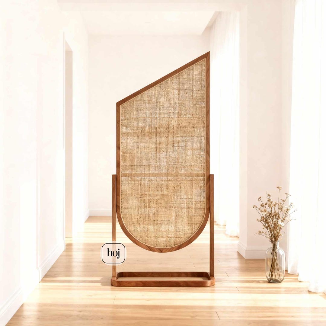 Curved Solidwood and Cane Room Divider, Modern Japandi Privacy Screen ...