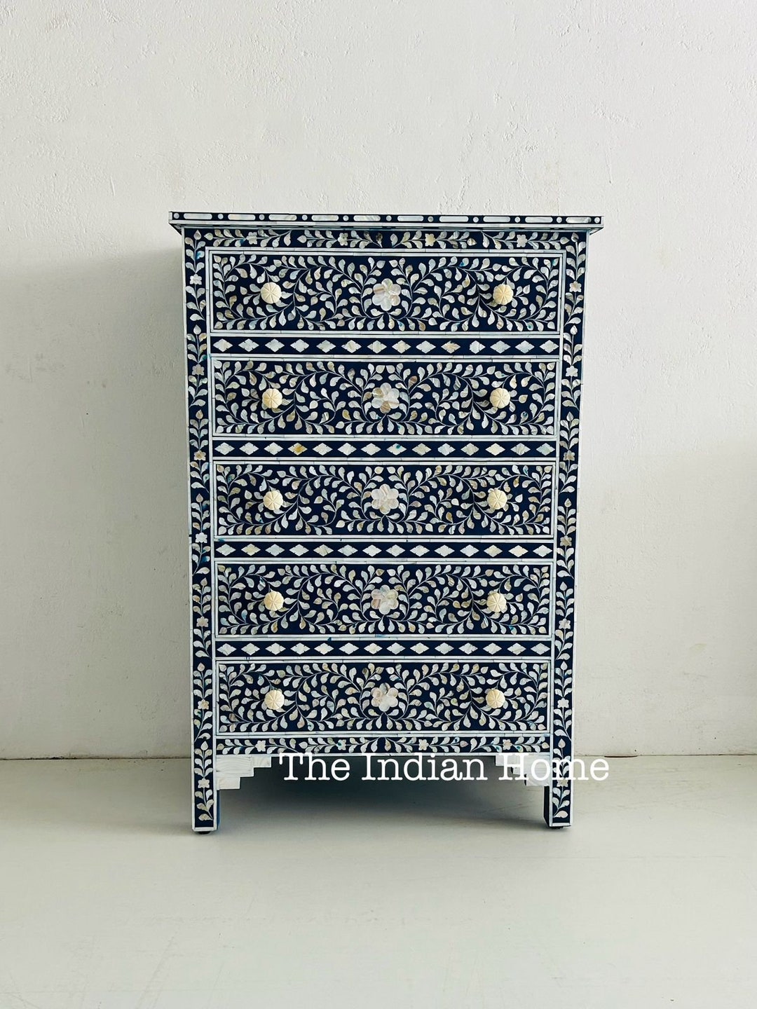 Mother of Pearl Inlay Tallboy Navy Dresser, Blue MOP Chest of Drawer ...