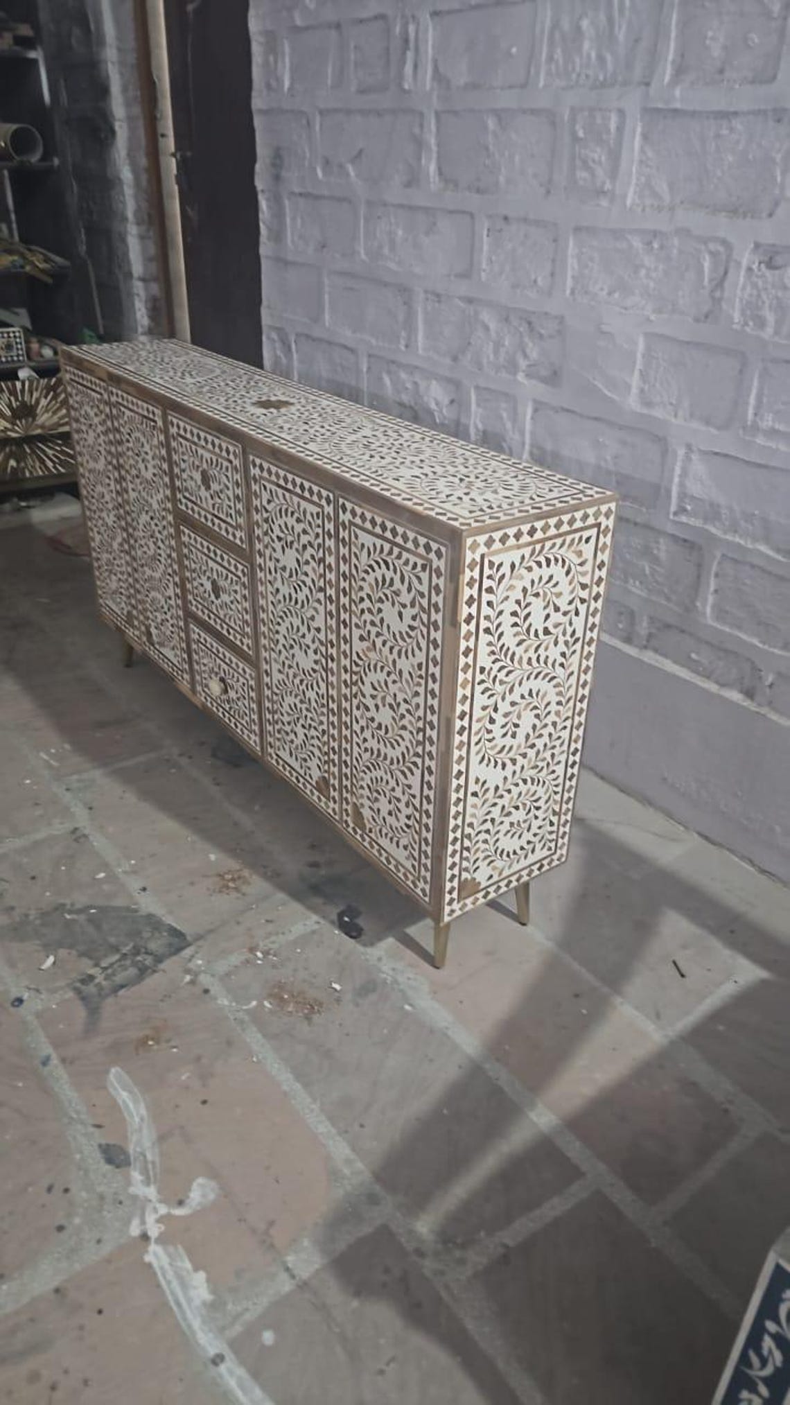 Teak Wood Inlay Vines Dresser, Wood Inlay Dresser, Wood Inlay Sideboard ...