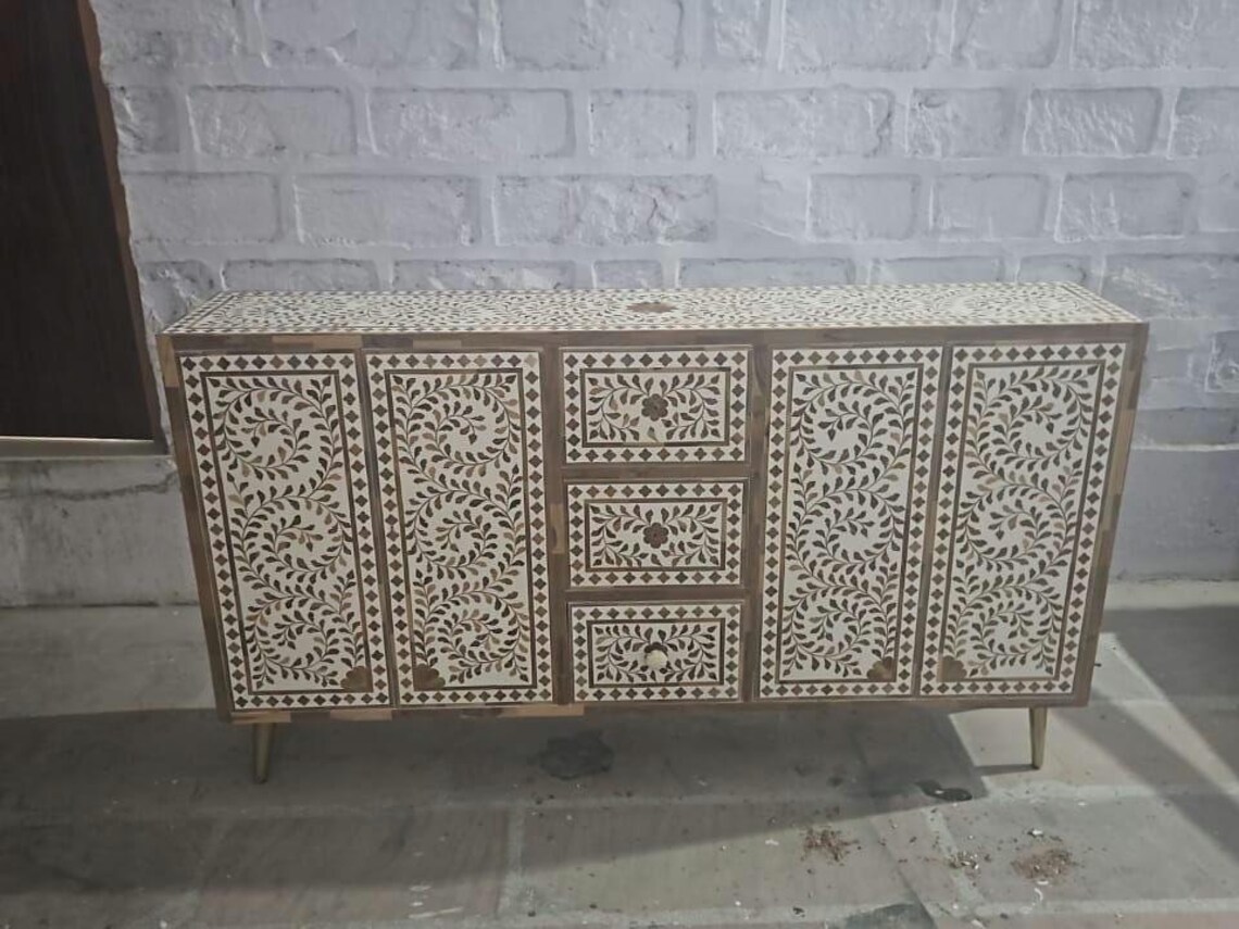 Teak Wood Inlay Vines Dresser, Wood Inlay Dresser, Wood Inlay Sideboard ...
