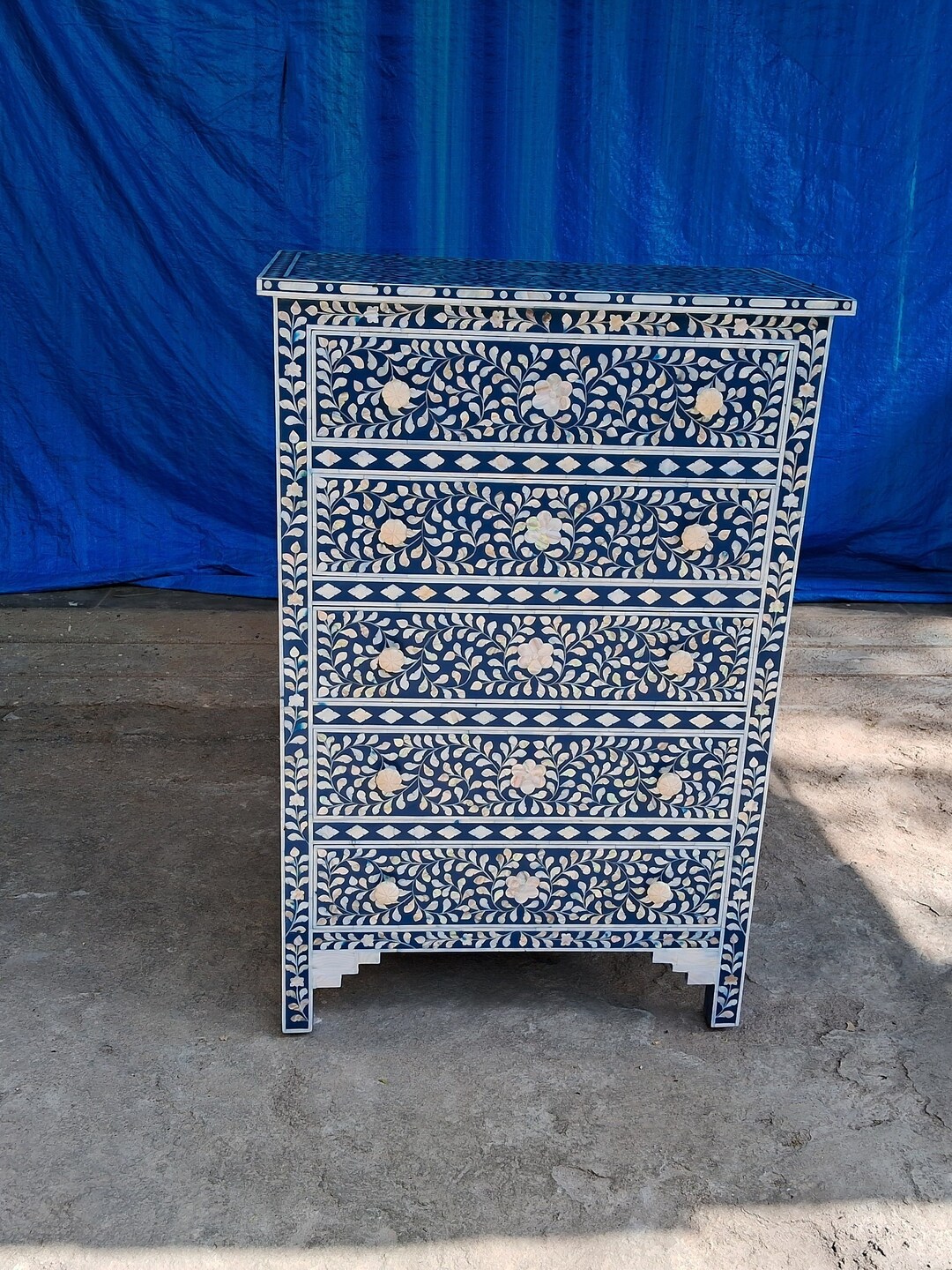 Mother of Pearl Inlay Tallboy Dresser, Blue MOP Chest of Drawer, MOP ...
