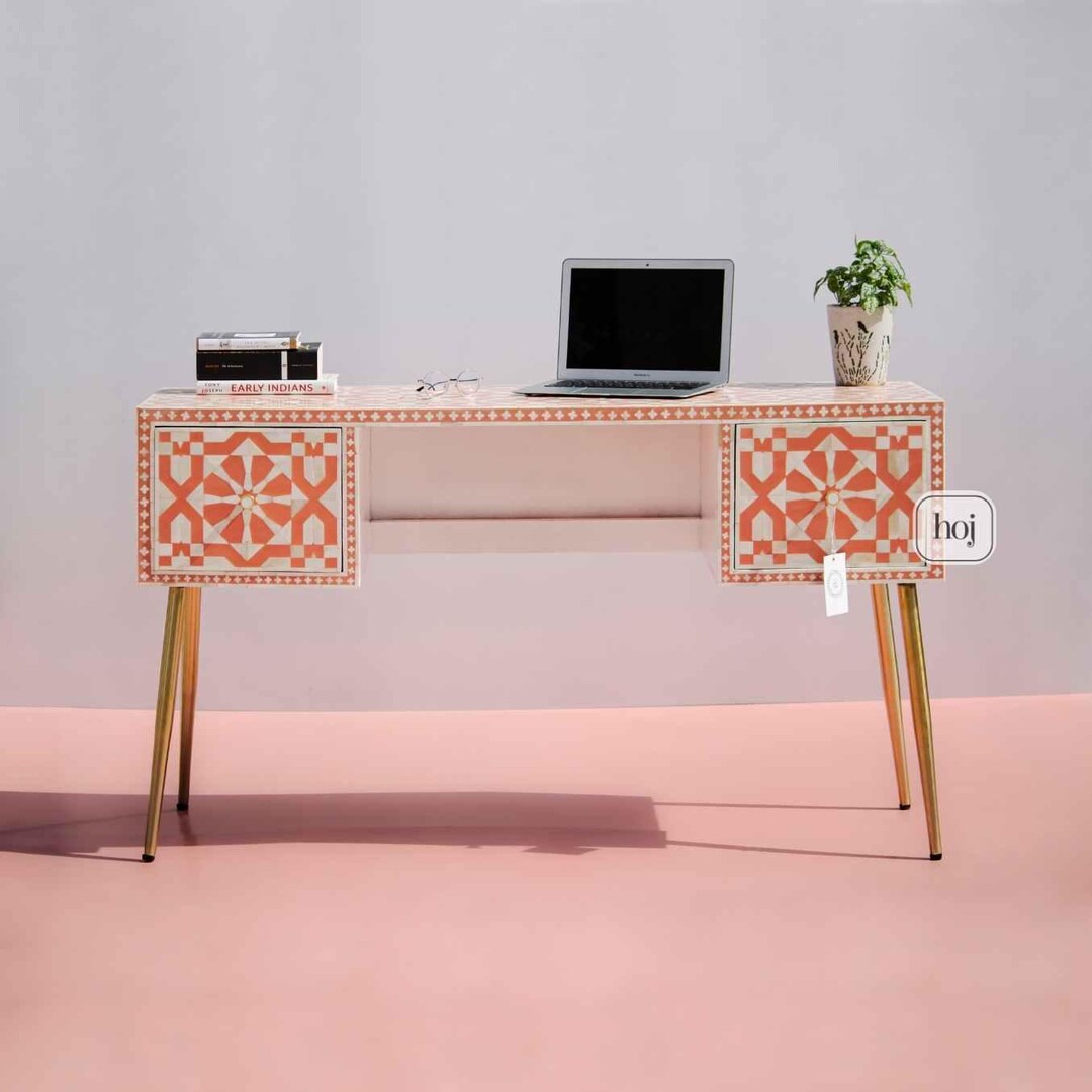 Peach and Ivory Geometric Bone Inlay Desk, Moroccan Tile Pattern Bone ...