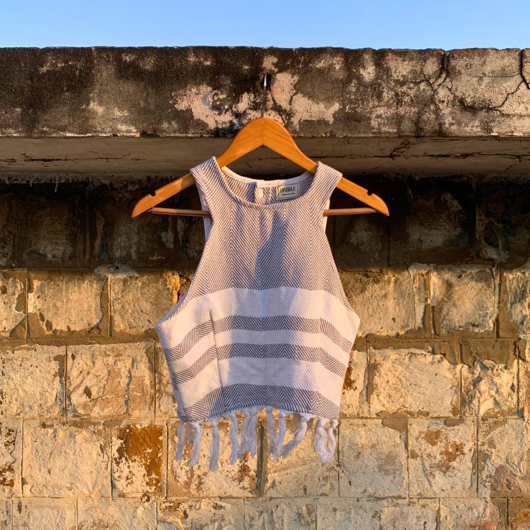 The Shaman Top Gray With White Stripes & White Tassels Boho Women's Top ...