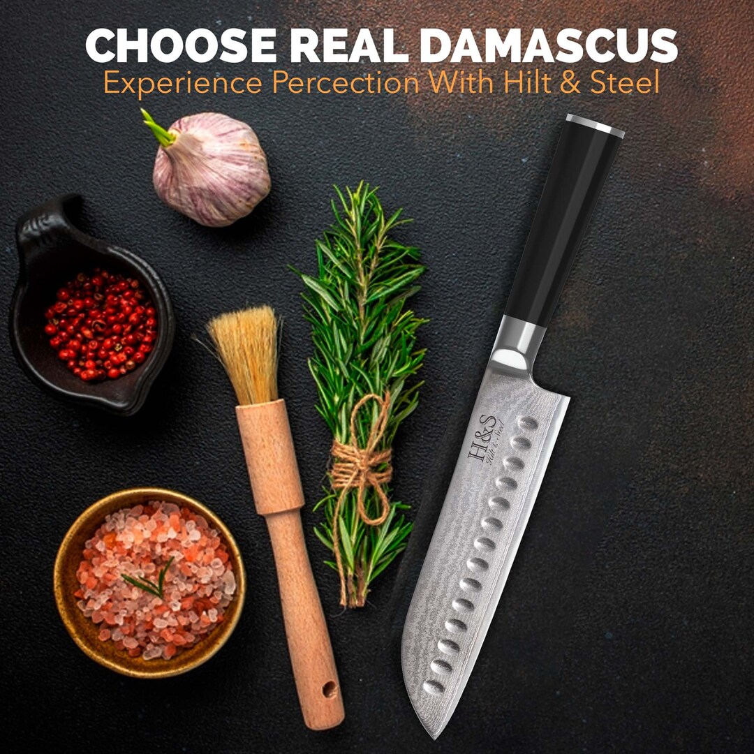 Hilt & Steel 7 Inch Santoku Knife. Japanese Damascus AUS-10 Steel, Full ...