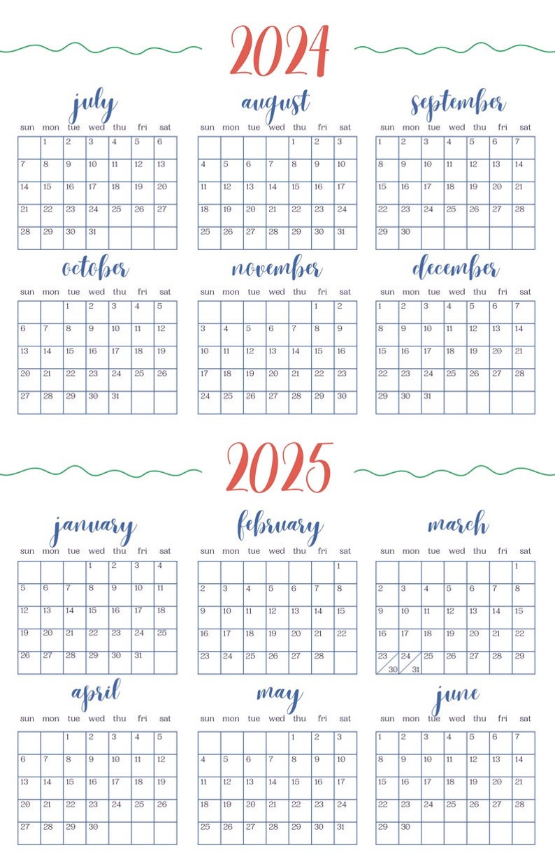 Simple 11 X 17 Printable Split Year Calendar With Blue and Coral Red ...