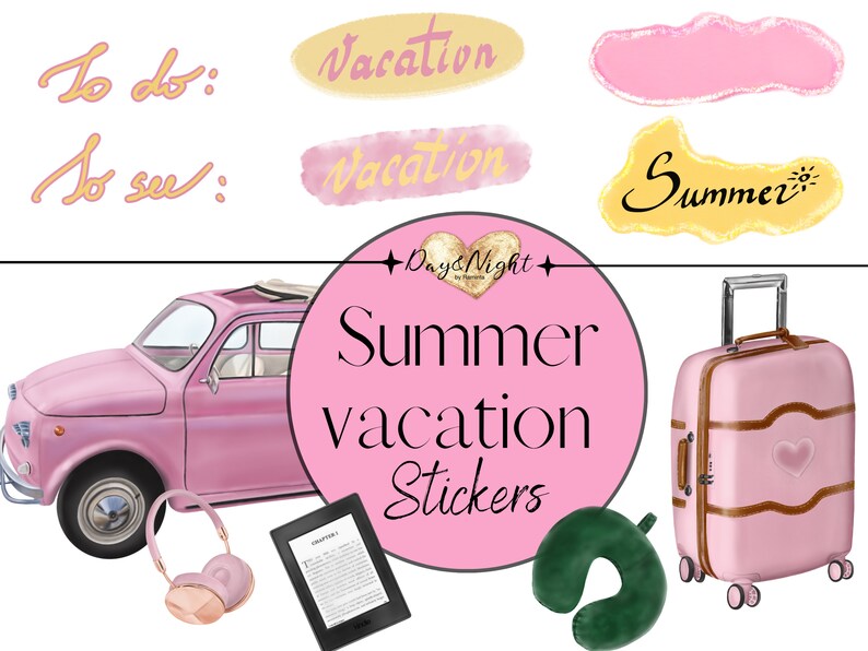 Summer Travel Vacation Digital Stickers, Beautiful Summer Illustrations ...