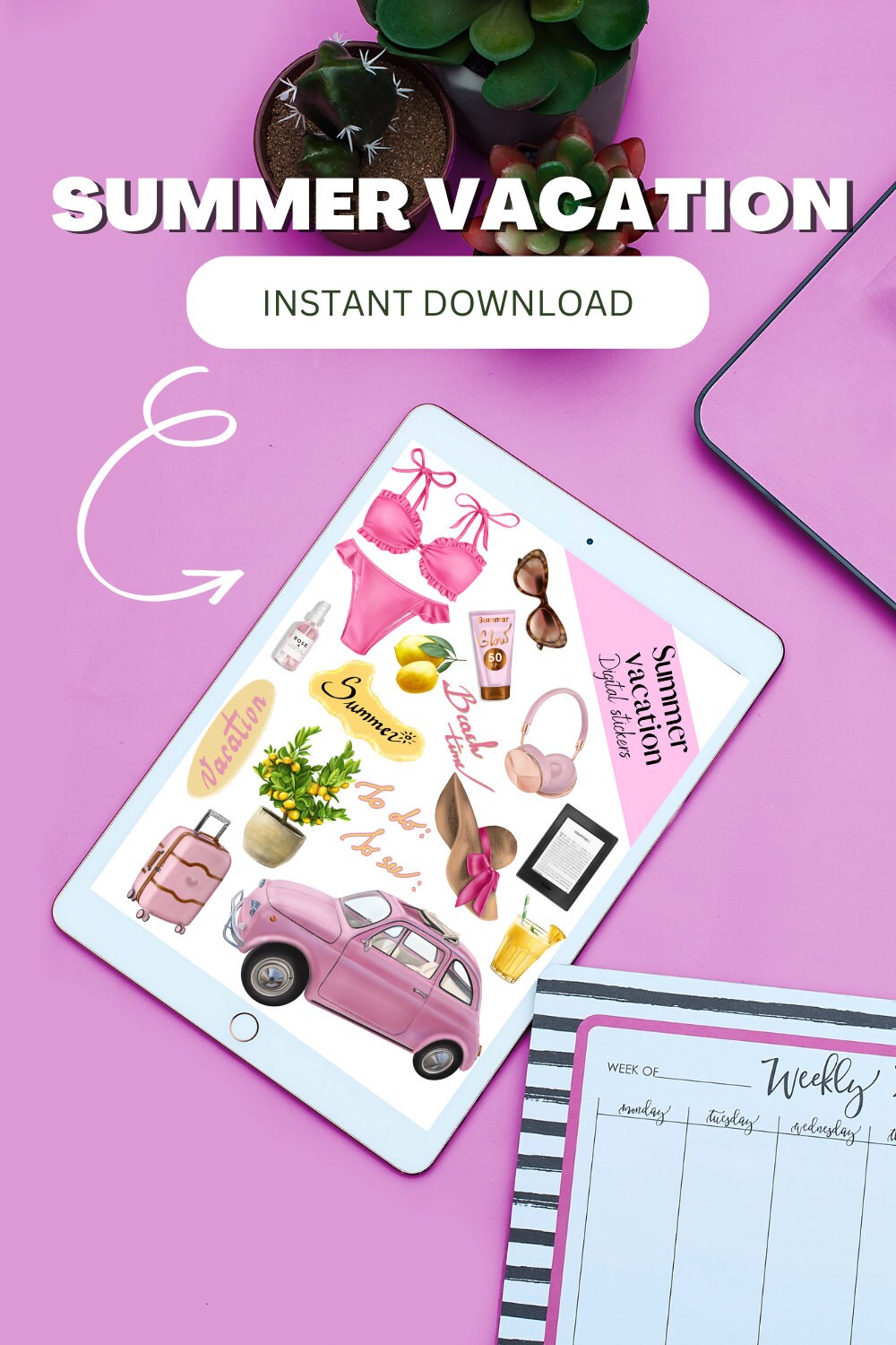 Summer Travel Vacation Digital Stickers, Beautiful Summer Illustrations ...