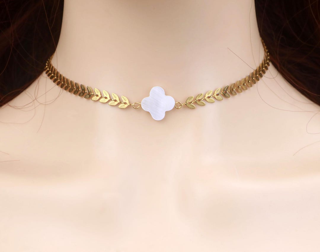 Non Tarnish 18K Gold Clover Leaf Vine Choker Necklace,mother of Pearl ...