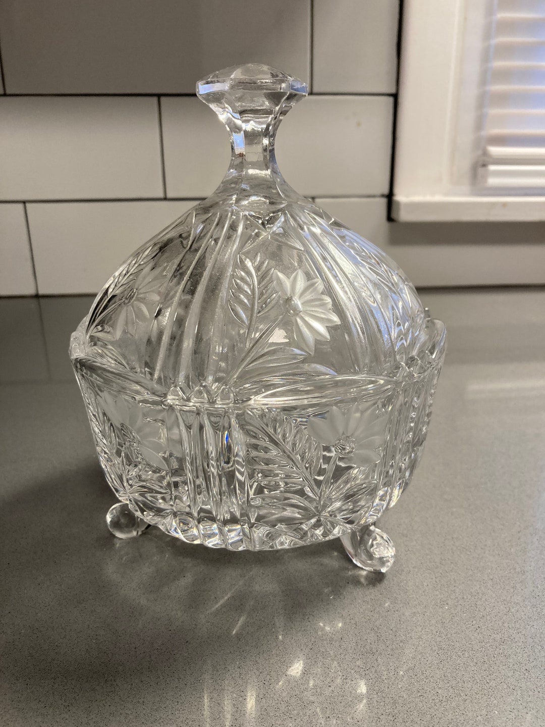 Crystal 3 Footed Candy Dish With Lid, Floral Etched Design - Etsy
