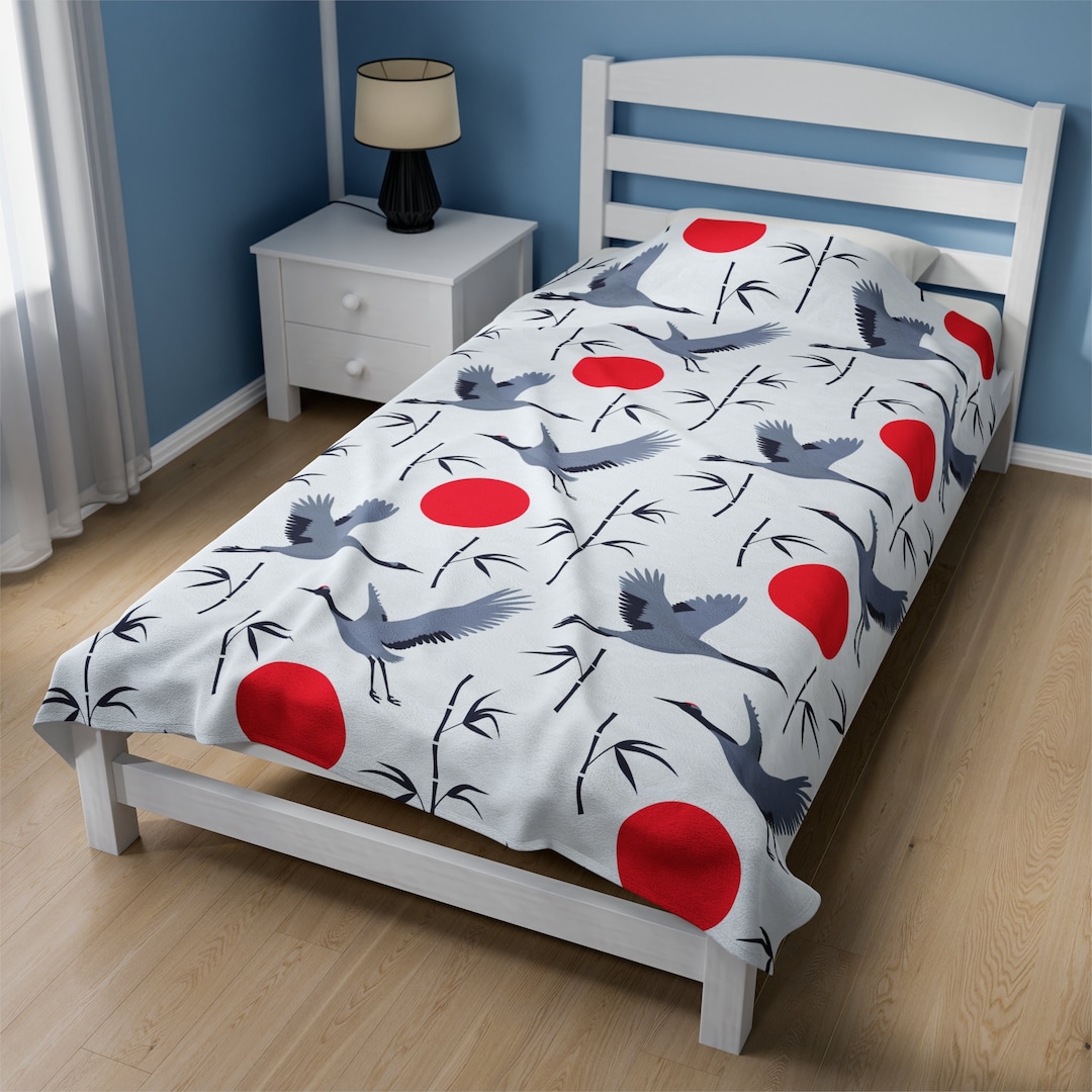 Japanese Cranes Bamboo and Red Sun Velveteen Plush Blanket, Soft ...