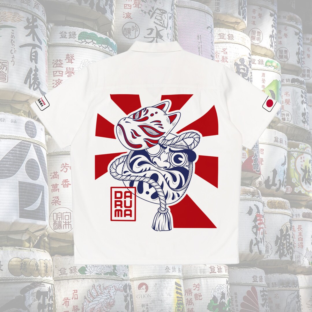 Daruma & Kitsune Hawaiian Shirt - Retro Japanese Style, Daruma, Japan, Kitsune, Fox, Hawaii ...