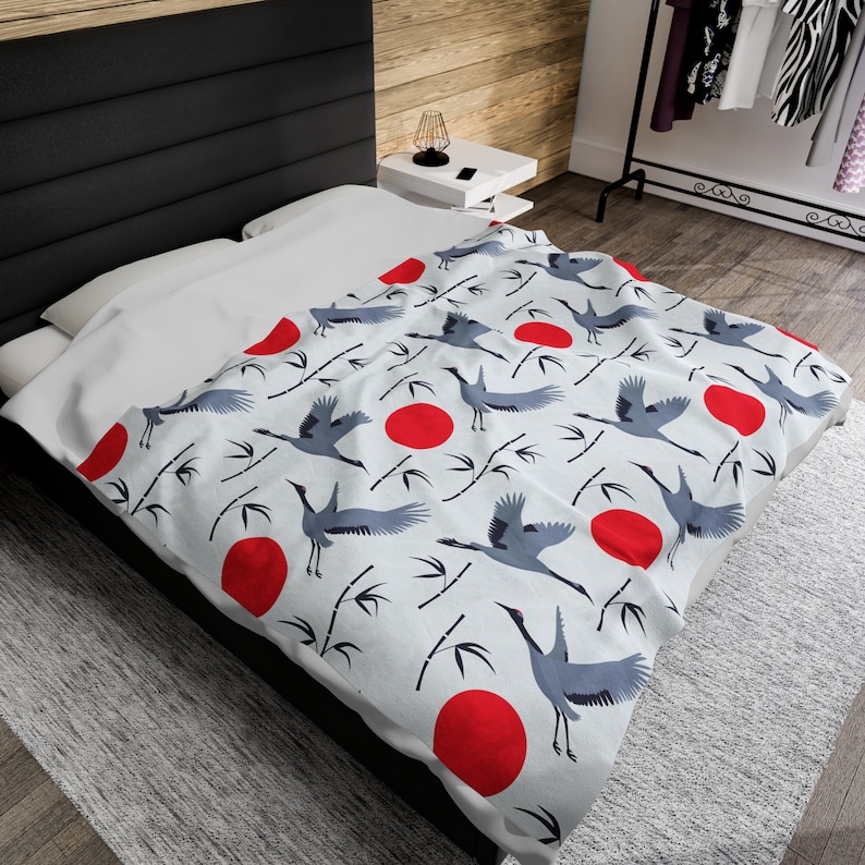 Japanese Cranes Bamboo and Red Sun Velveteen Plush Blanket, Soft ...