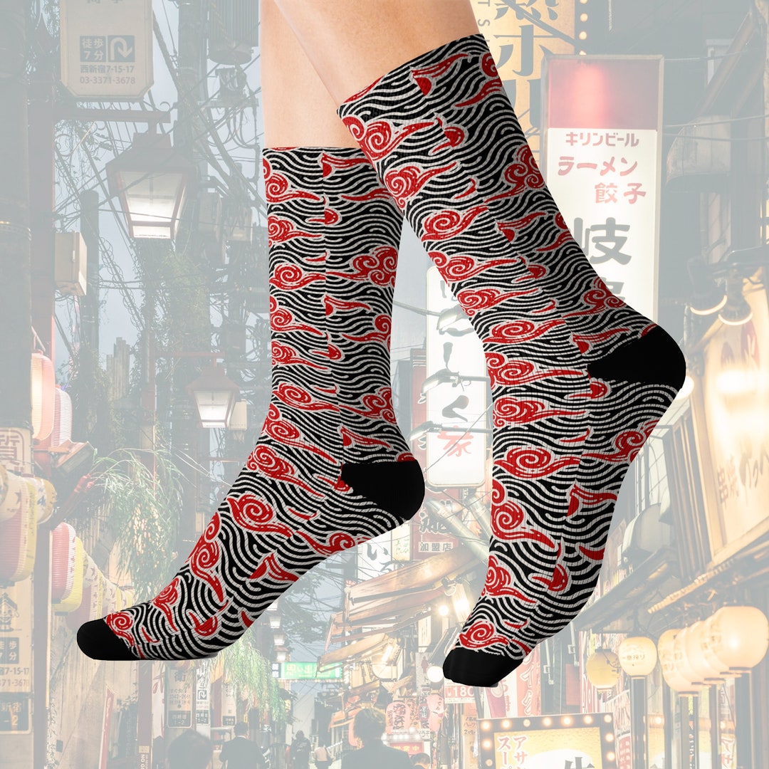 Japanese Cloud Socks, Black and Red, Japan, Japanese, Cloud, Gift for ...
