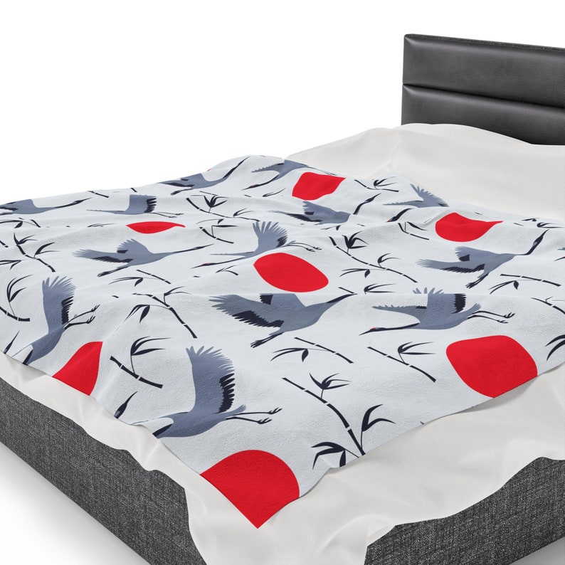 Japanese Cranes Bamboo and Red Sun Velveteen Plush Blanket, Soft ...