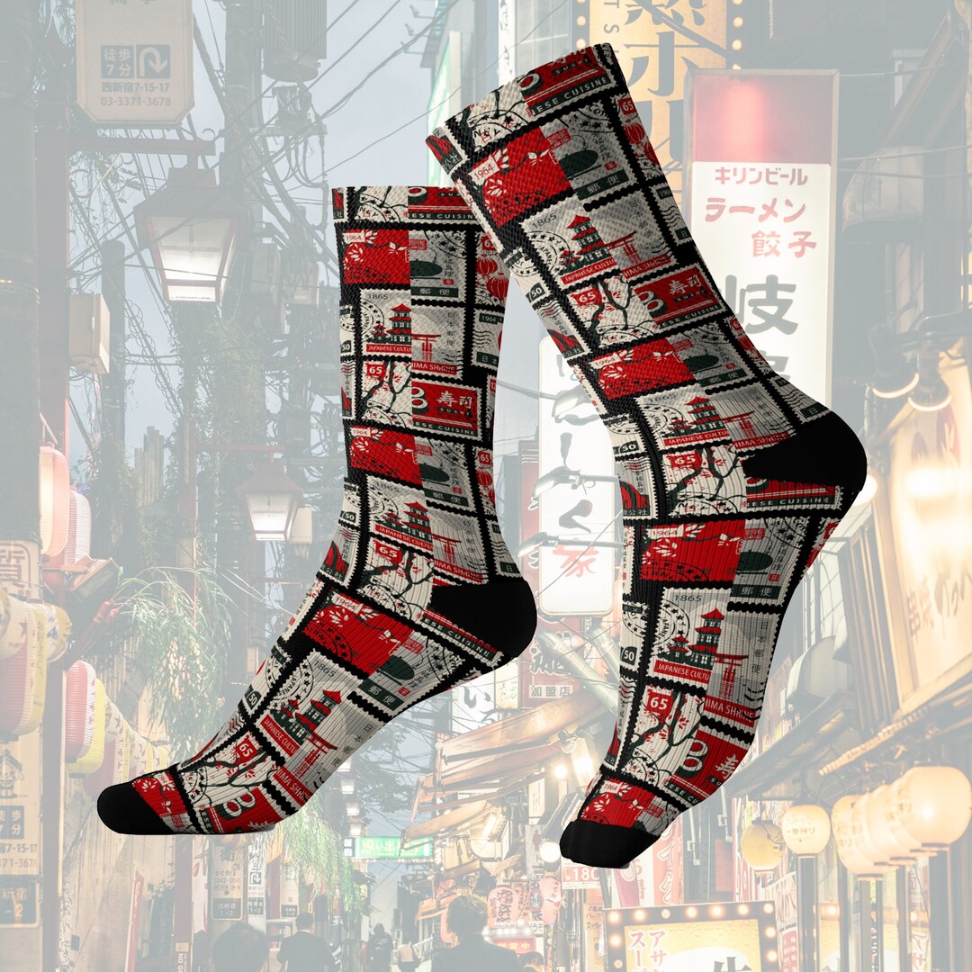 Japanese Stamps Socks, Japan, Japanese, Stamps, Temples, Gift for Him ...
