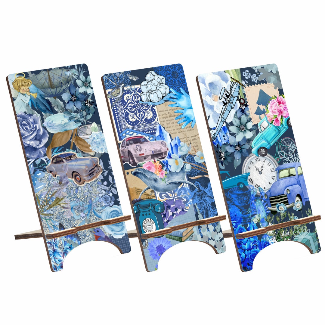 Blue Collage Wood Phone Stand, Aesthetic Holder, Vintage Design, Gift ...