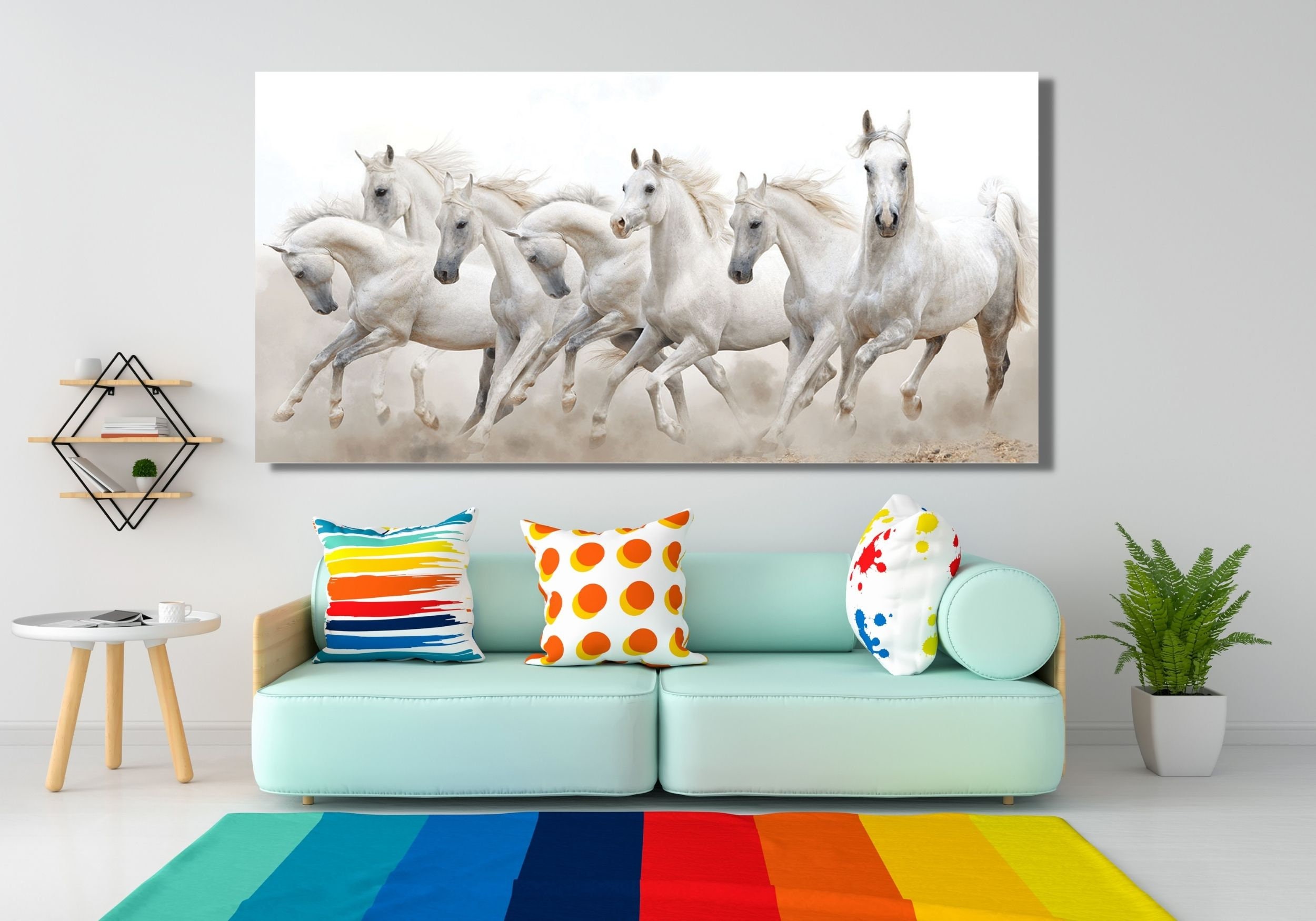 7 White Running Horses Canvas Seven Running Horse Animals Canvas Print ...