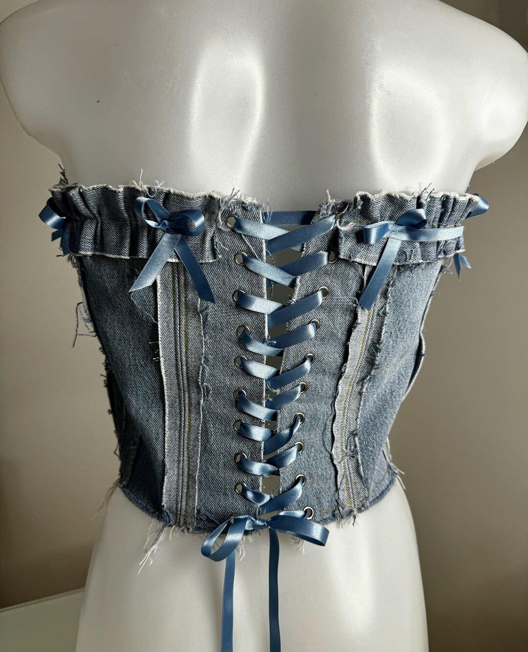 Denim Reworked Corset/ Baby Blue Ribbons Levi Denim - Etsy