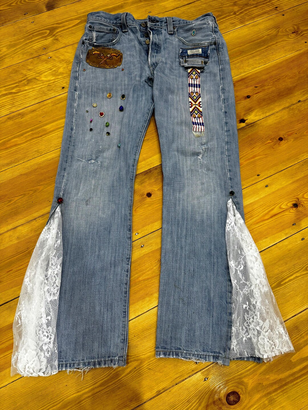 Reworked Levi Jeans Western Style With Lace and Gems - Etsy