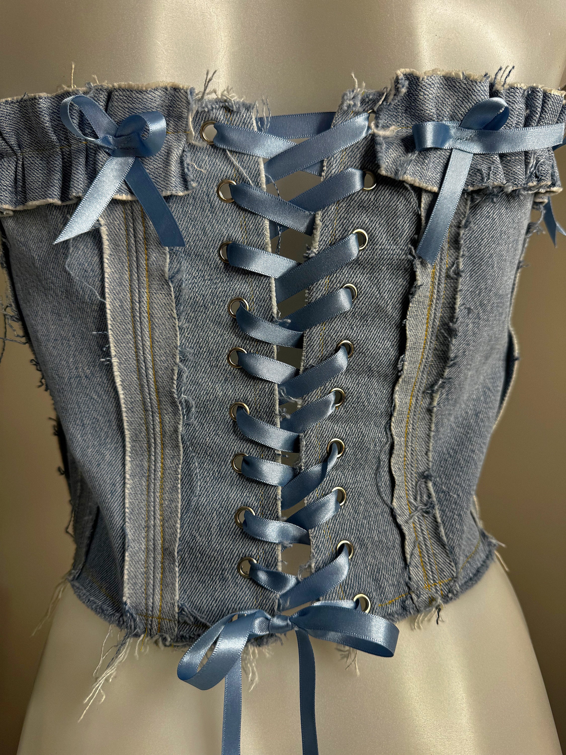 Denim Reworked Corset/ Baby Blue Ribbons Levi Denim - Etsy
