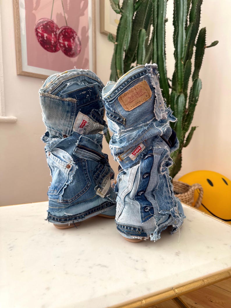 Reworked Denim Boots UK 4 - Etsy