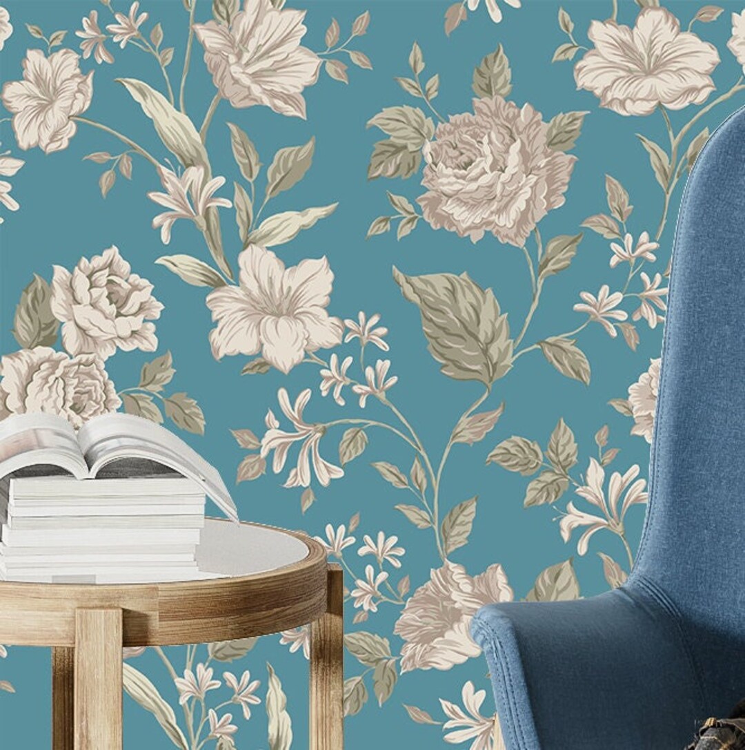 Wallpaper Floral Turquoise Wallpaper Design Peel and Stick, Removable ...
