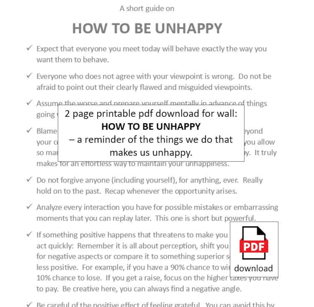 How to Be Unhappy 2 Page Printable Guide for Wall - Etsy