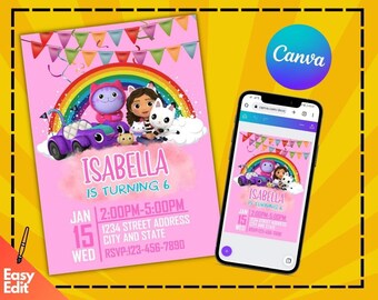 Editable Gabby-dollhouse Birthday Invitation Gabby's Kids Birthday ...