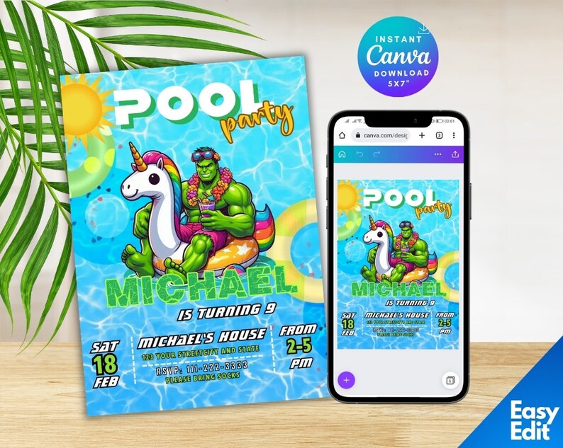 Hulk Birthday Invitation, Hulk Pool Party, Hulk Invitation, Hulk Pool ...