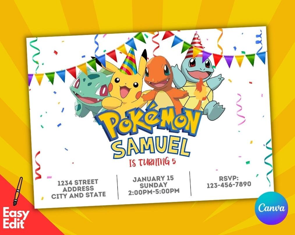 Invitación Pikachu Invitación Pokemon Editable en Canva - Etsy España
