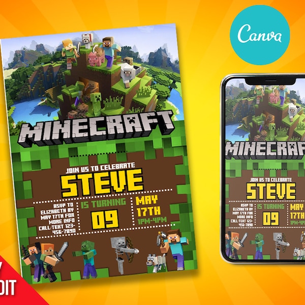 Minecrafter Invitation Template - Etsy