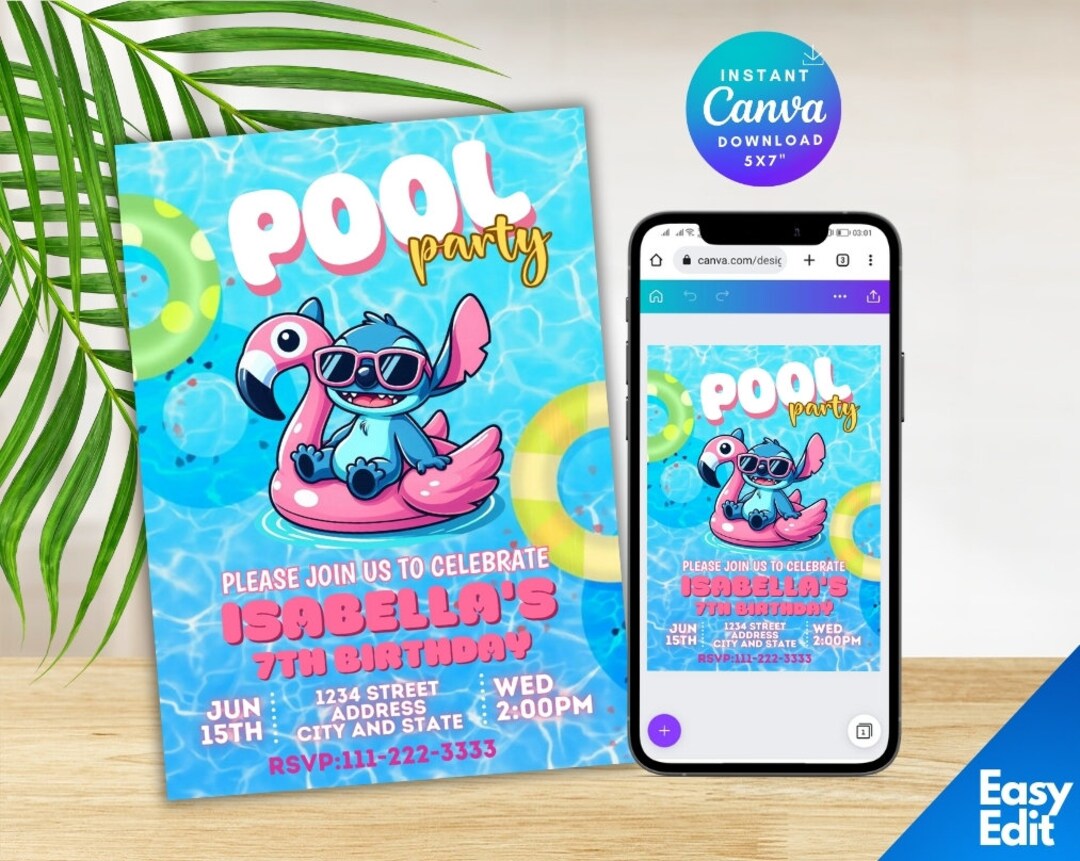 Stitch Birthday Invitation | Stitch Pool Party Party Invitation ...