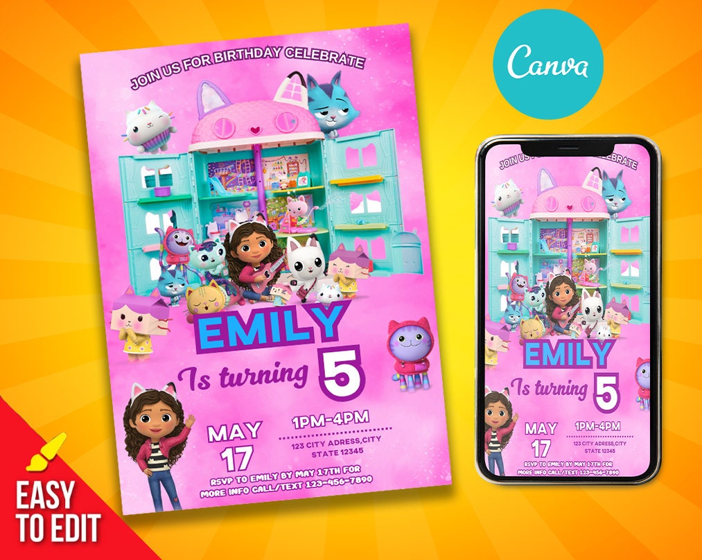 Gabbys Dollhouse Birthday Invitation Editable Gabby's Kids Birthday ...