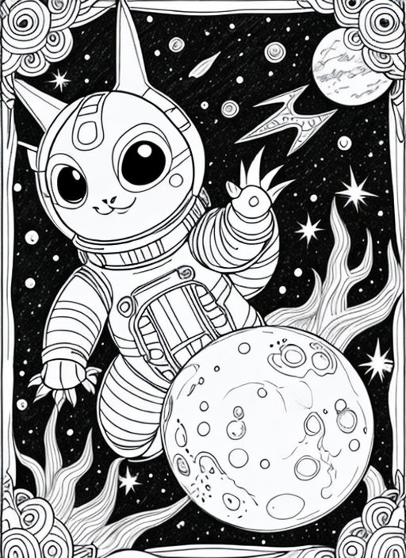Cute Space Creature Coloring Pages for Adults, Printable Space Creature ...