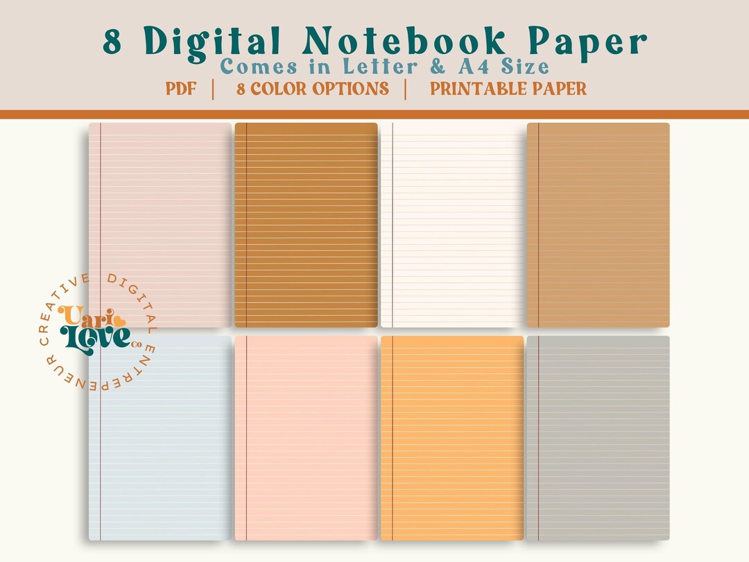 8 Page Digital Notebook Paper Templates Digital Paper Pack Lined Paper ...