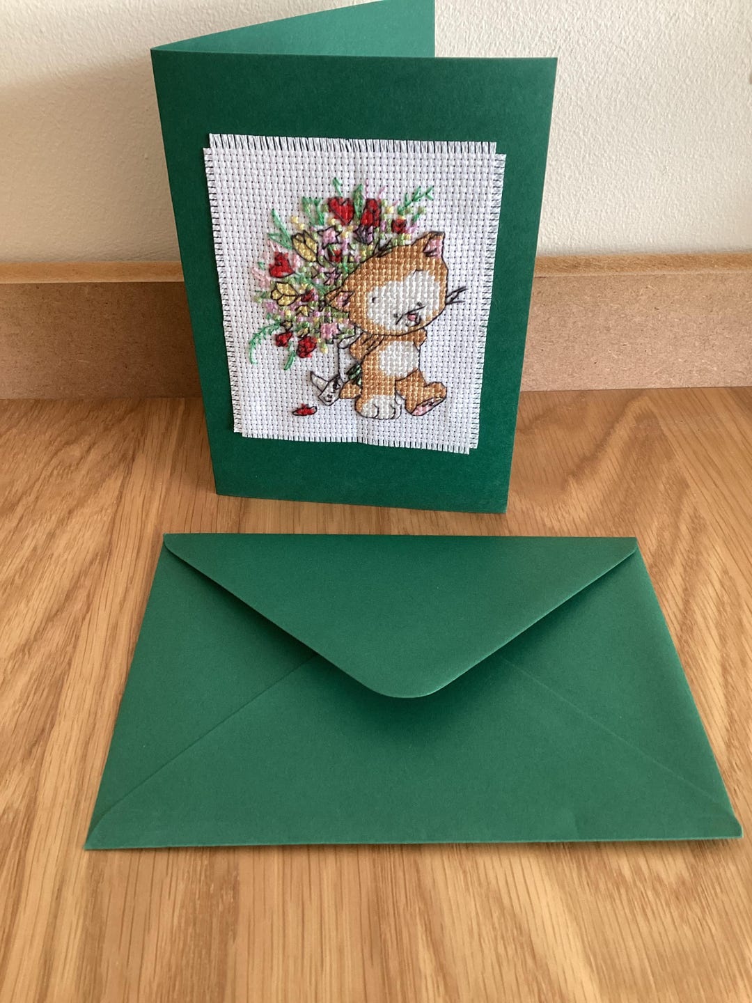 Kiri the Cat With Flowers Cross Stitch Card With Envelope for Any ...