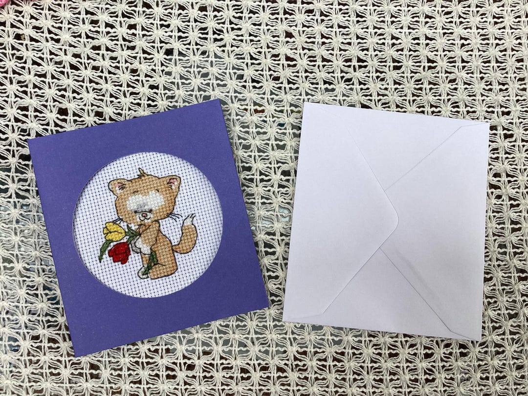 Completed Cross Stitch Kiri the Cat With Flowers Design Card and ...