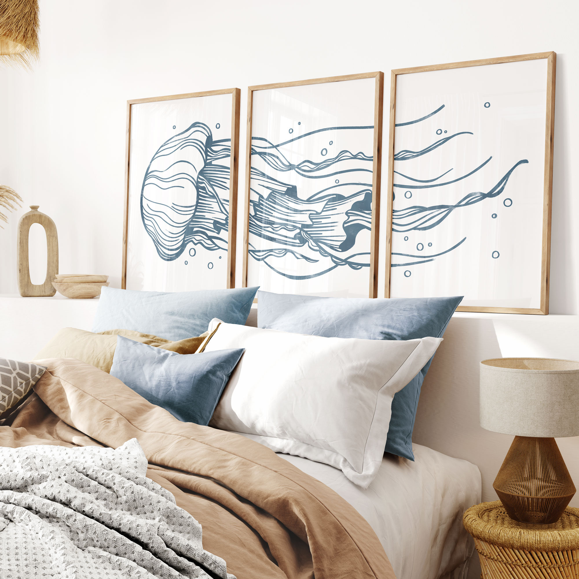 3 Piece Jellyfish Wall Art Three Panel, Set of 3, Blue Coastal Wall Art ...