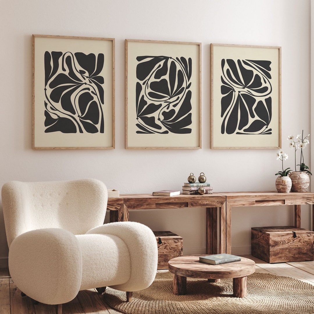 3 Piece Abstract Plant Art, Beige Black Wall Art, Set of 3, Printable ...