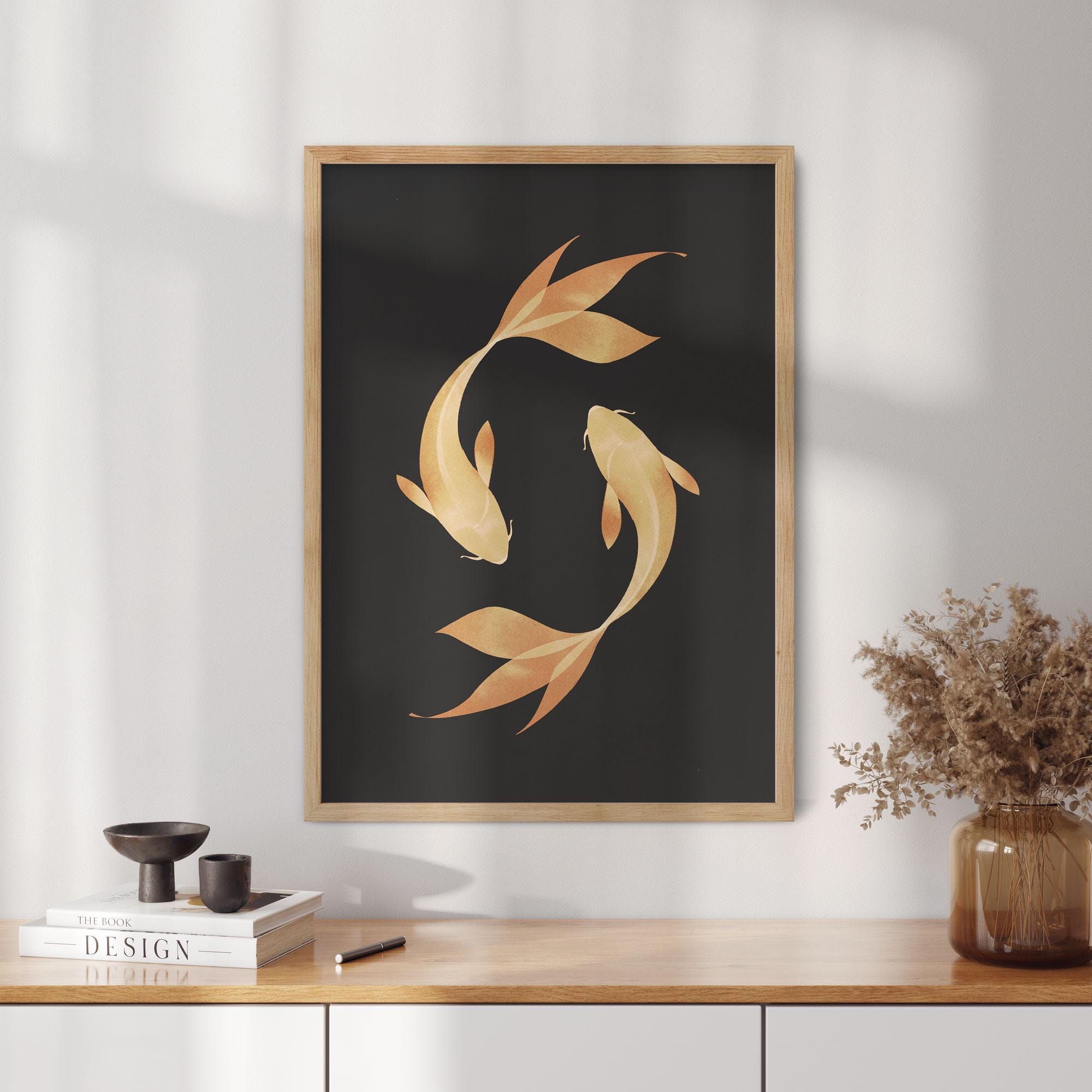 Koi Fish Color Art Painting, Gold Koi Fish Wall Decor, Feng Shui Wall ...