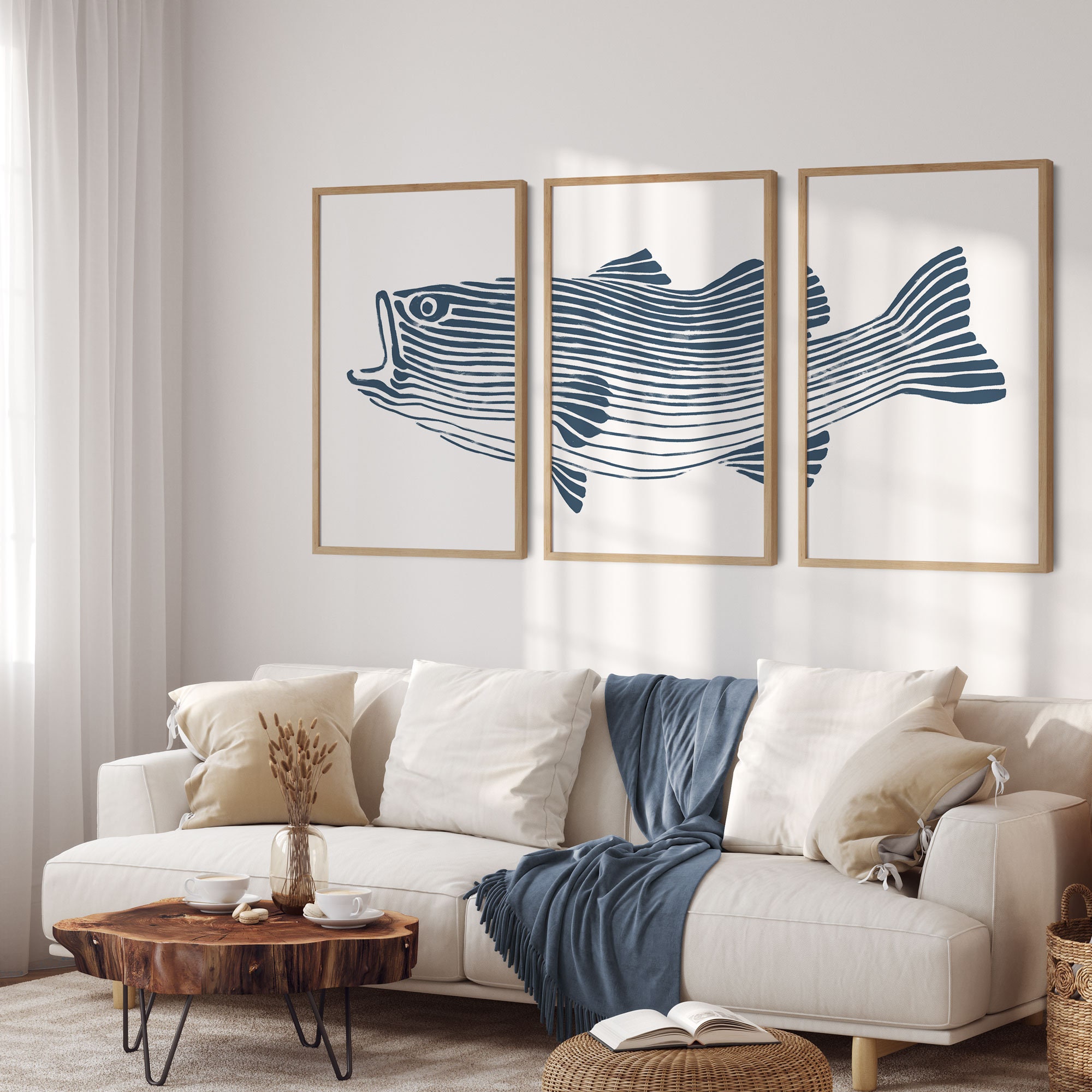 3 Piece Large Mouth Bass Wall Art, Set of 3, Blue, Coastal Modern Lake ...