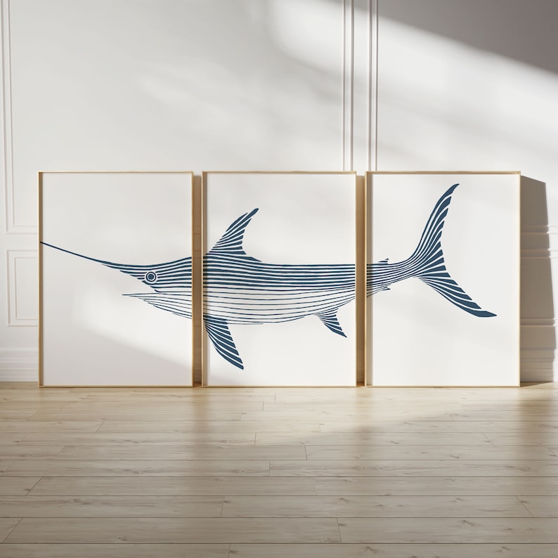 3 Piece Swordfish Print, Swordfish Marlin Art Set of 3, Beach House ...