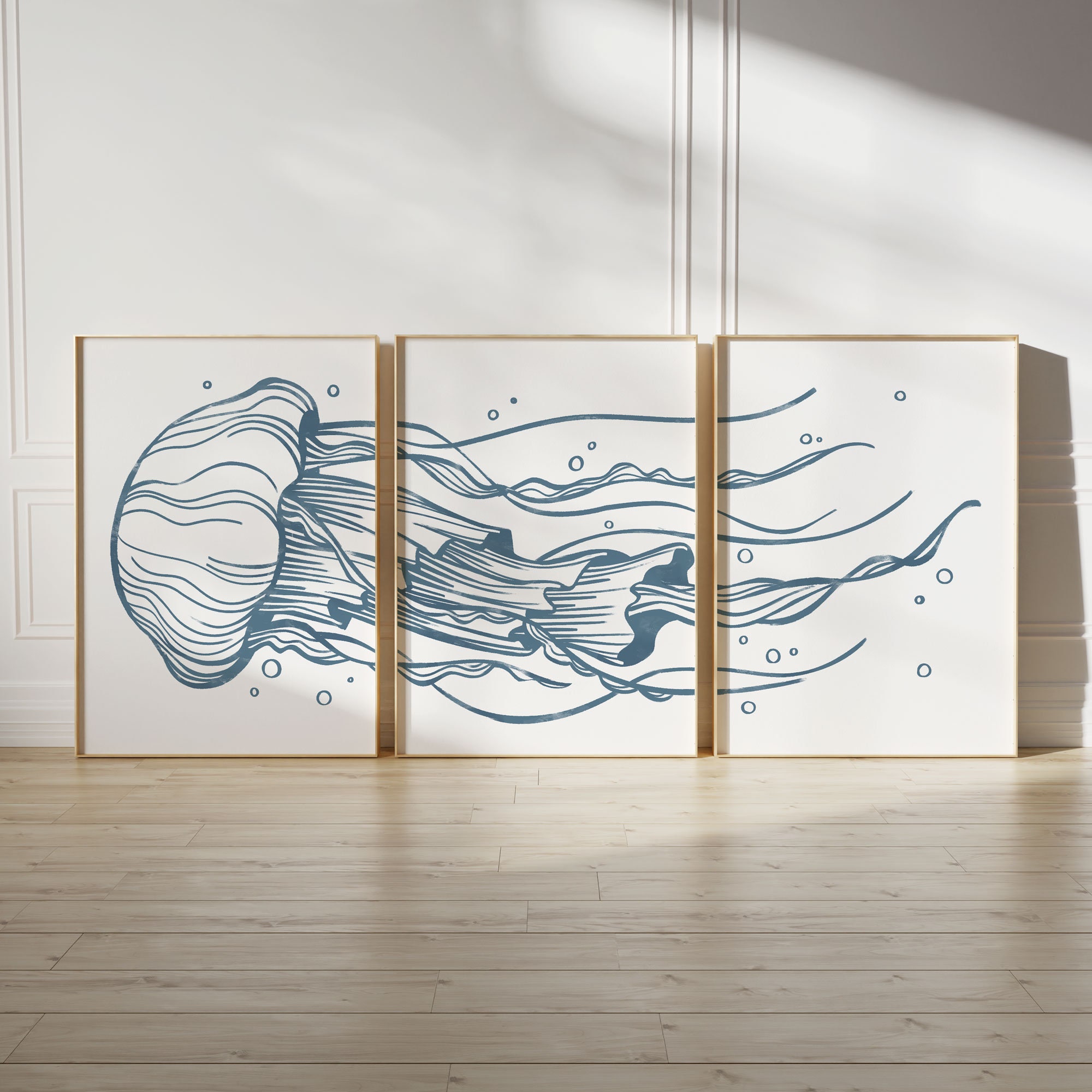 3 Piece Jellyfish Wall Art Three Panel, Set of 3, Blue Coastal Wall Art ...