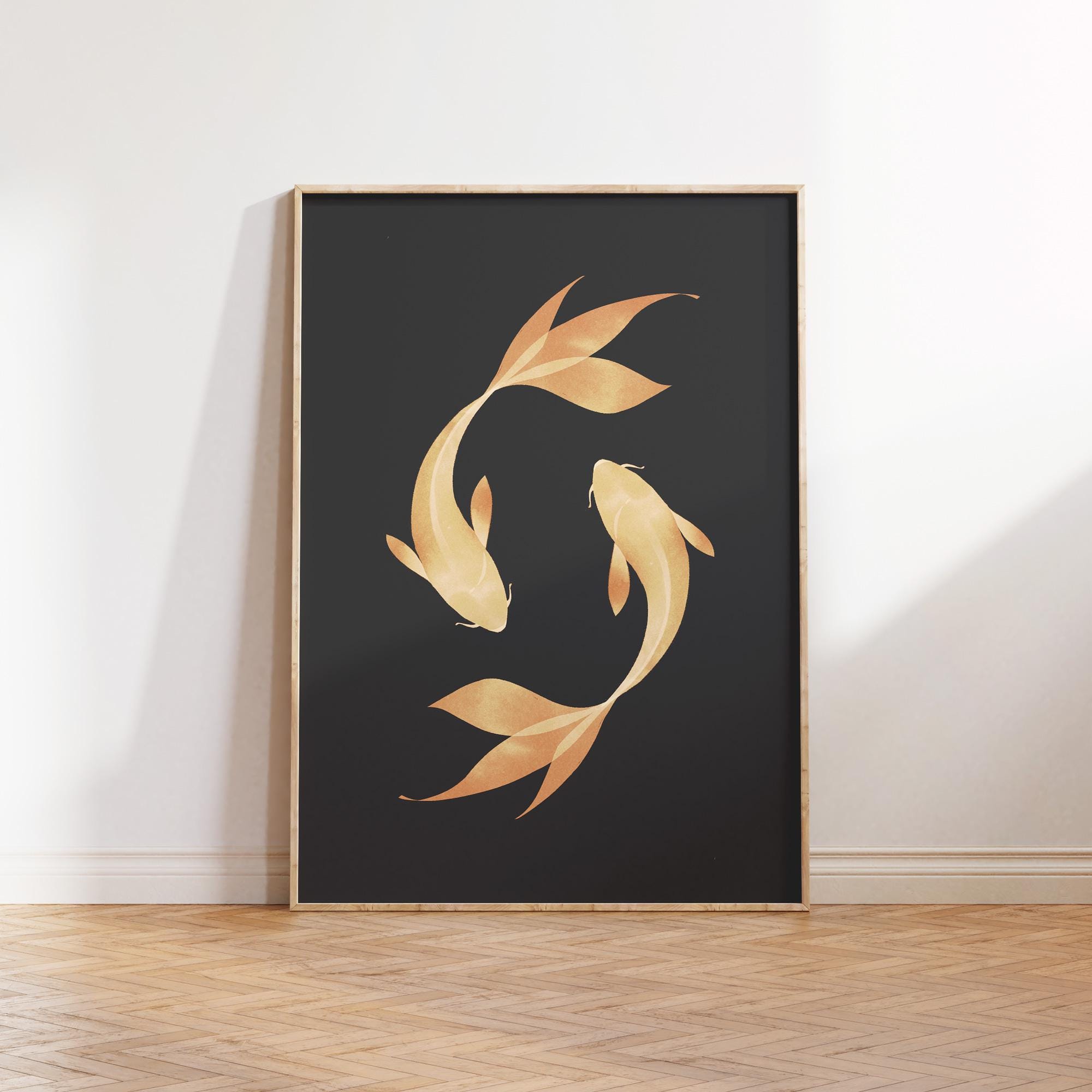 Koi Fish Color Art Painting, Gold Koi Fish Wall Decor, Feng Shui Wall ...