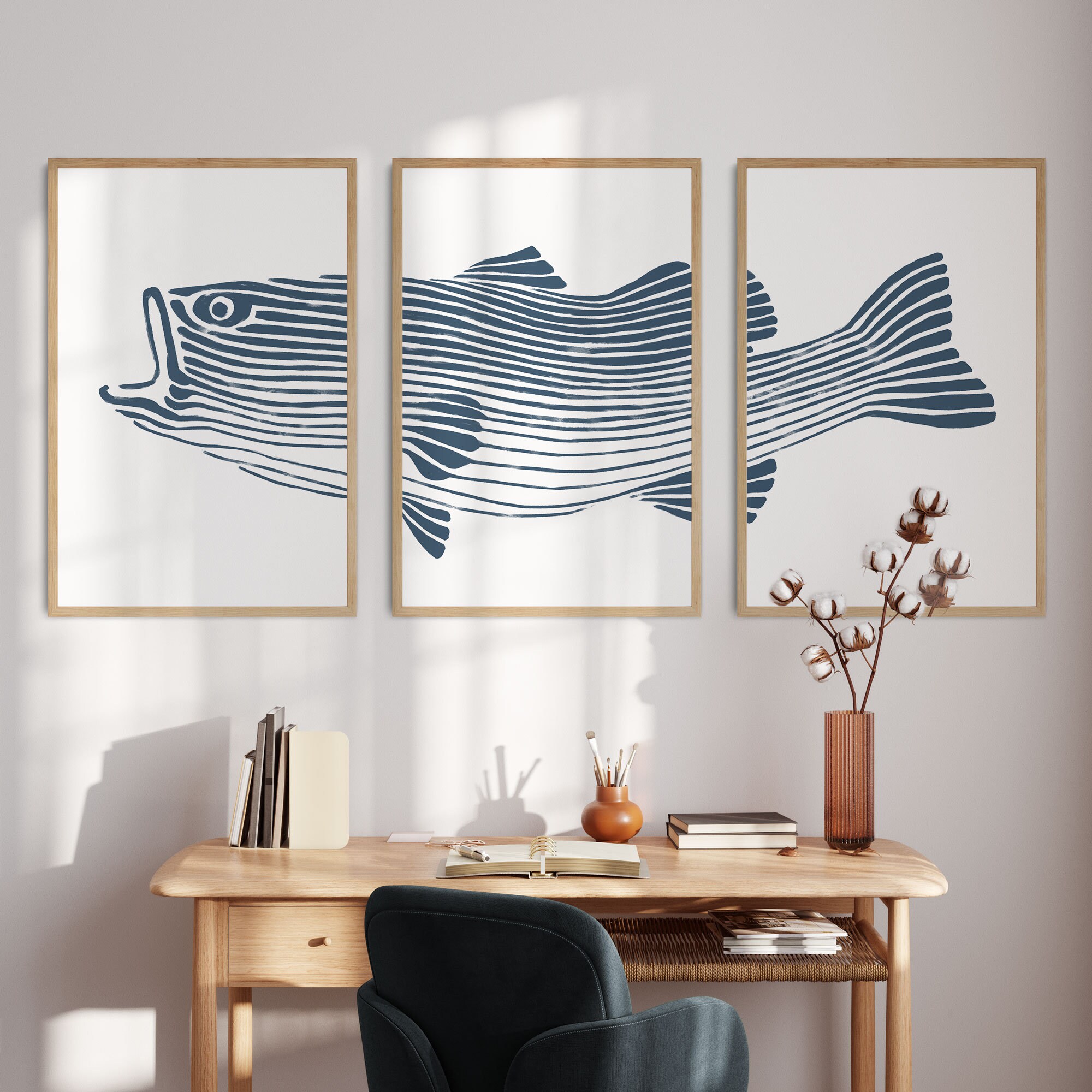 3 Piece Large Mouth Bass Wall Art, Set of 3, Blue, Coastal Modern Lake ...