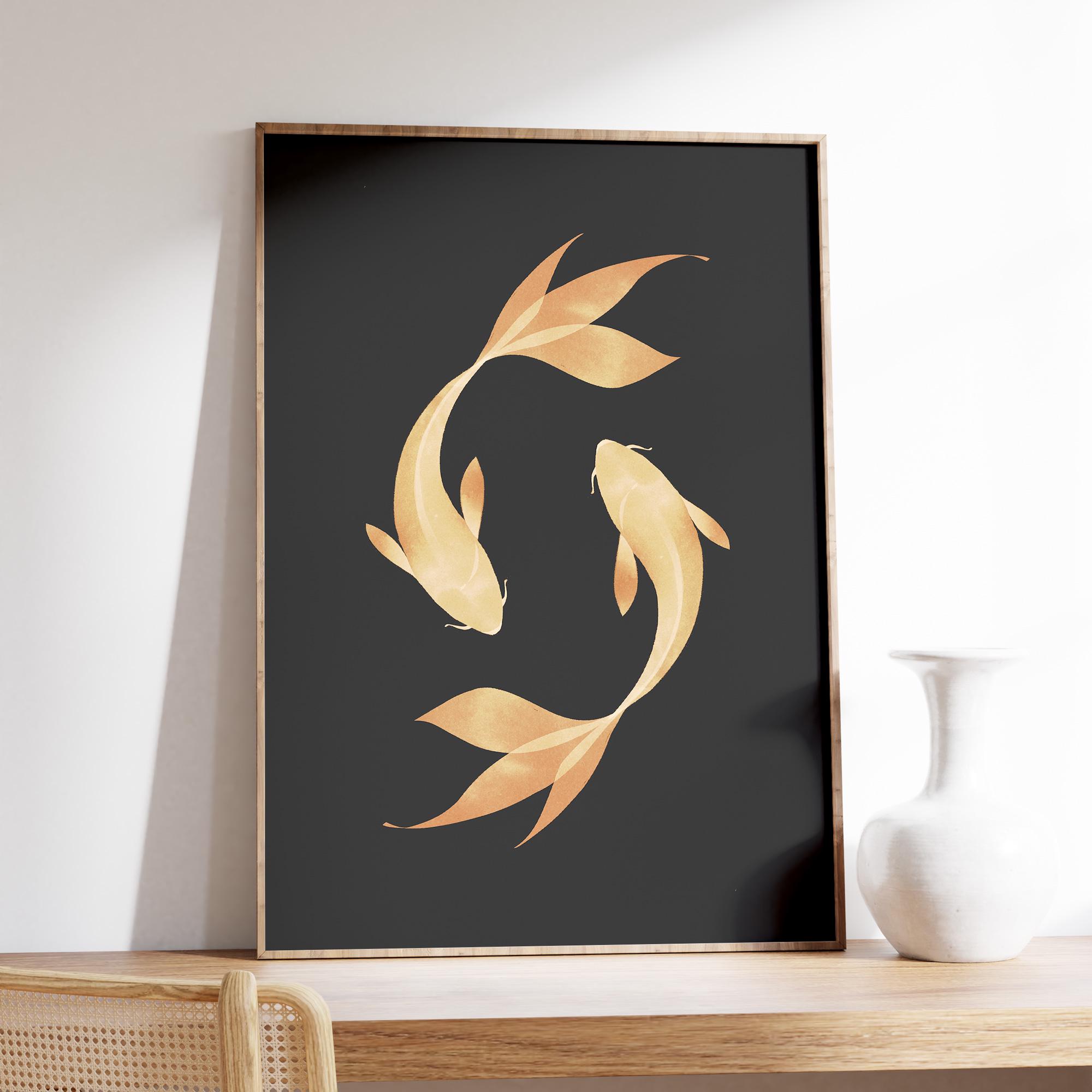 Koi Fish Color Art Painting, Gold Koi Fish Wall Decor, Feng Shui Wall ...